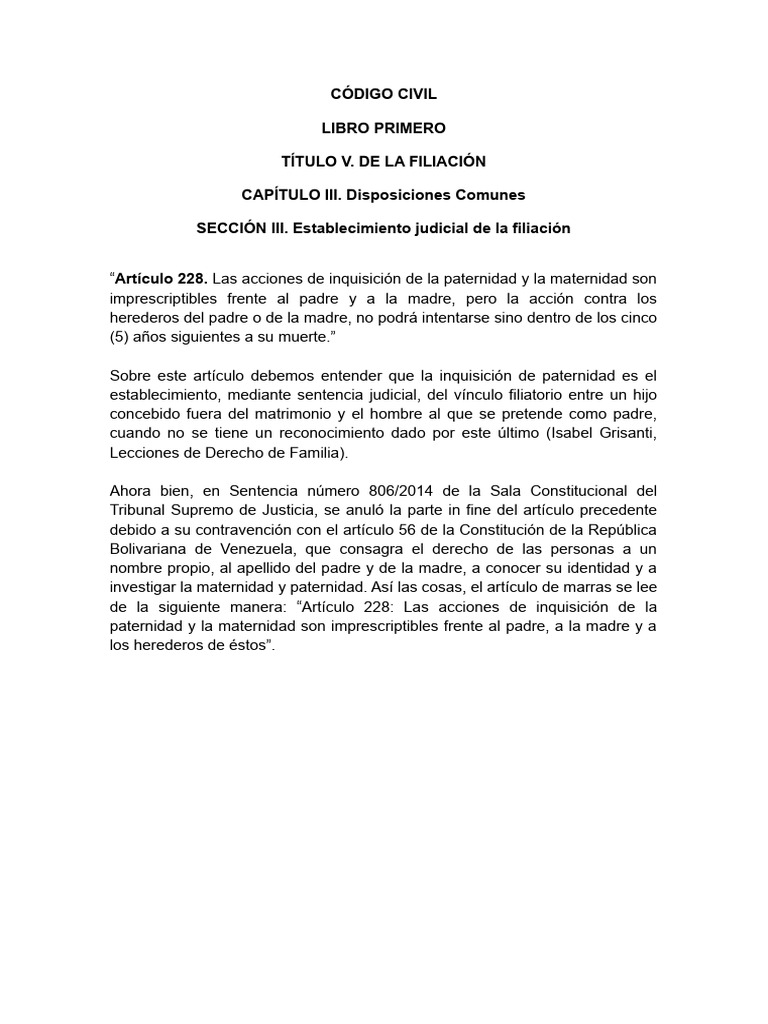 Interpretación de La Filiación - Código Civil Venezolano | PDF | Derecho
