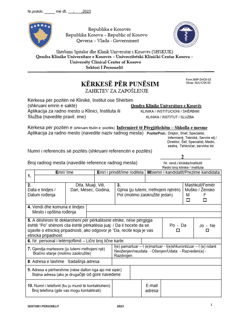 Formularët Për Aplikim 2 Infermierë Të Përgjithshëm - Shkolla e Mesme | PDF