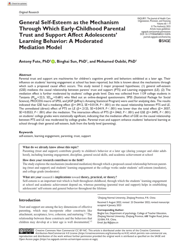 Fute Et Al 2023 General Self Esteem As The Mechanism Through Which Early Childhood Parental ...