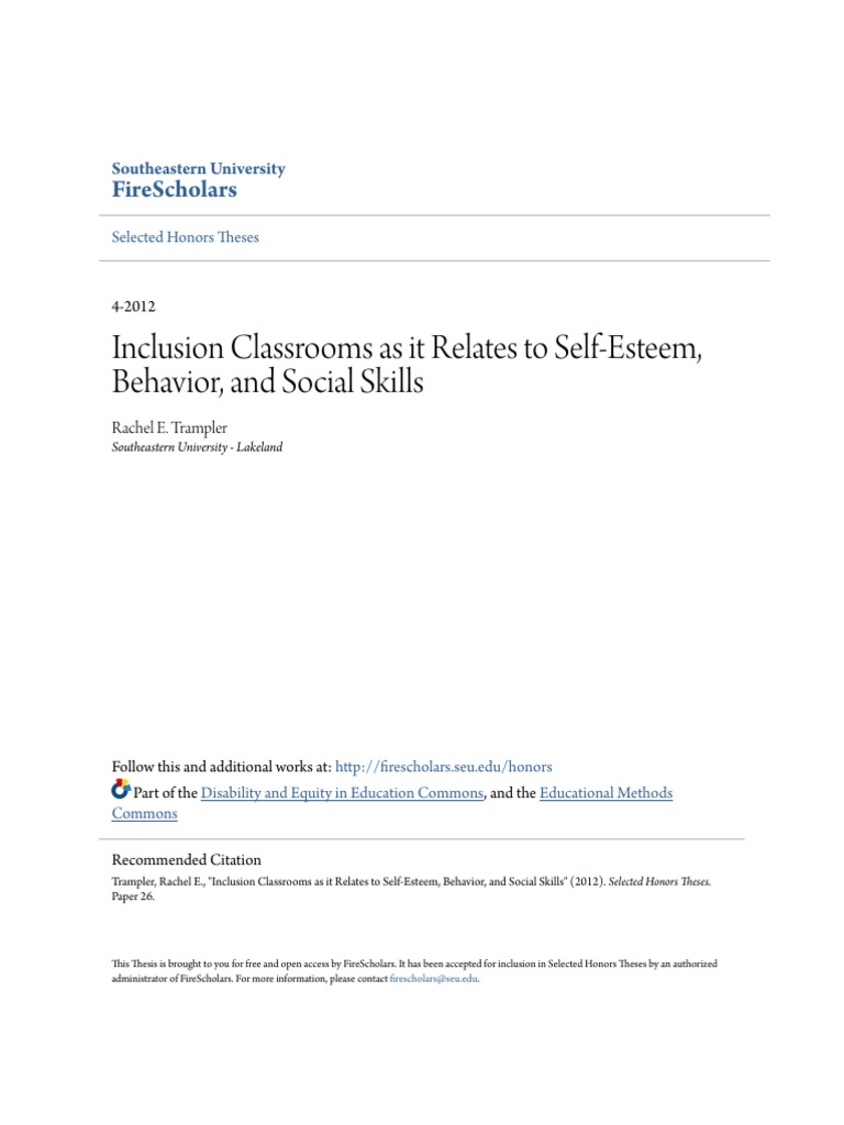 Inclusion Classrooms As It Relates To Self-Esteem Behavior and | PDF ...