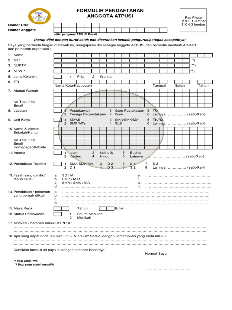 Formulir Pendaftaran Anggota ATPUSI | PDF