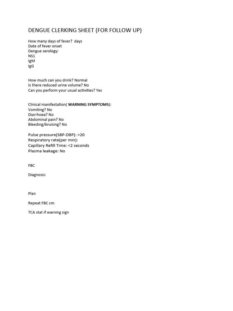 Dengue Follow-Up Clerking Sheet | PDF