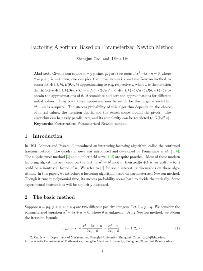 Factoring Algorithm Based On Parameterized Newton Method-Zhengjun Cao and Lihua Liu | PDF ...