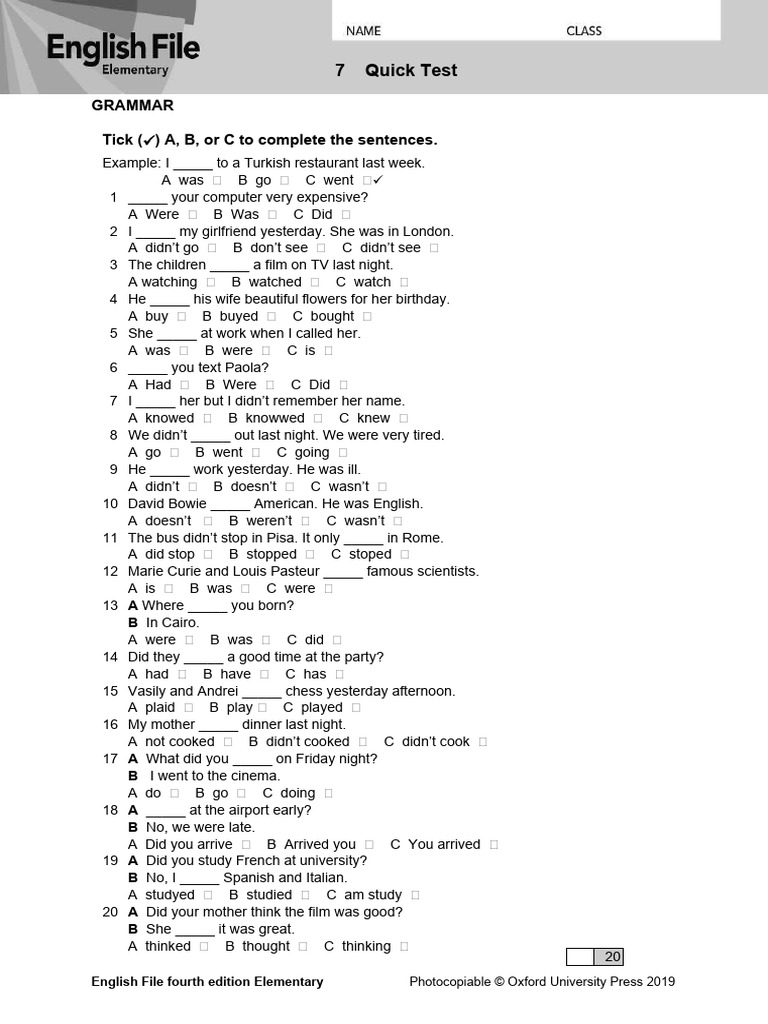 EF4e Elem Quicktest 07.doc 0 | PDF | Linguistics