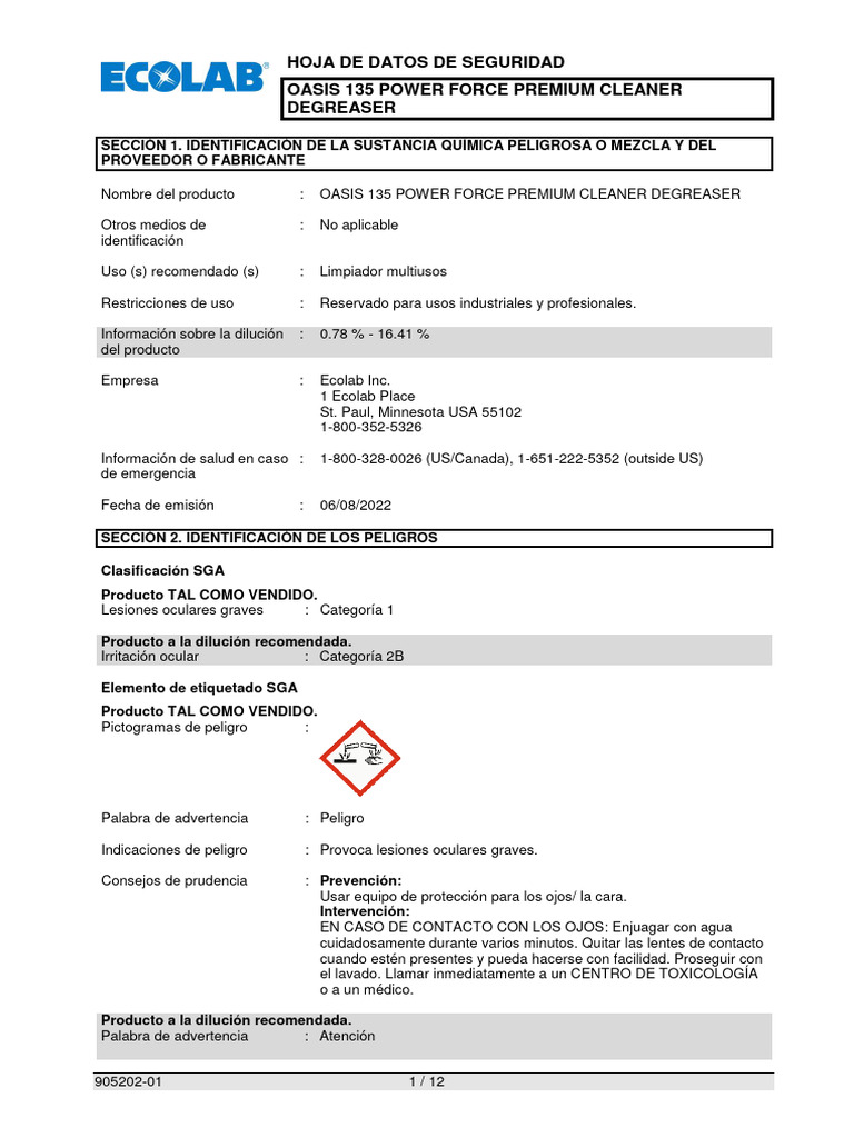 Us-1x-905202-01-Oasis 135 Power Force Premium Cleaner Degreaser | PDF ...