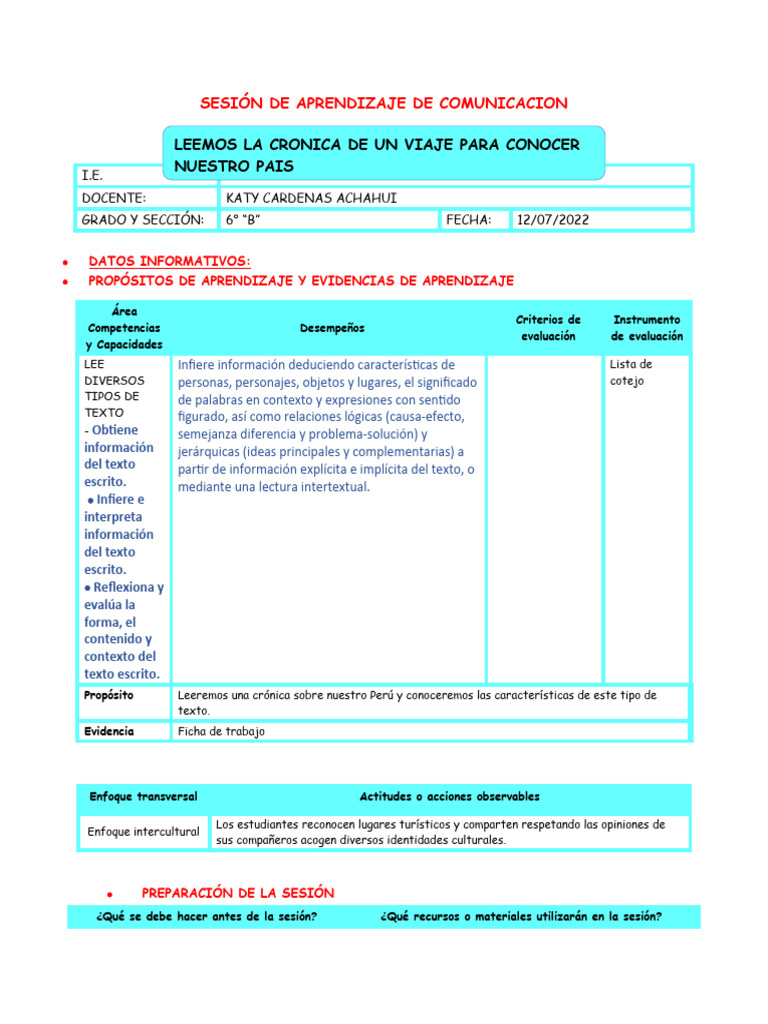 Sesión de Aprendizaje de Comunicacion | PDF | Evaluación | Aprendizaje