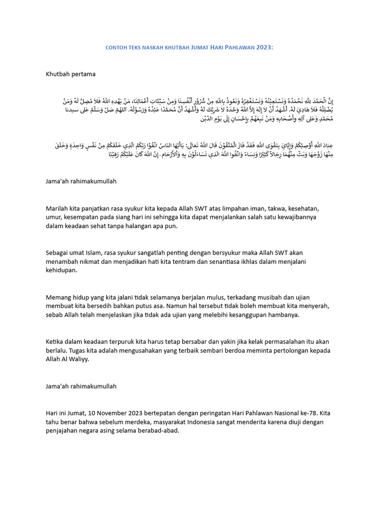 Contoh Teks Naskah Khutbah Jumat Hari Pahlawan 2023 | PDF