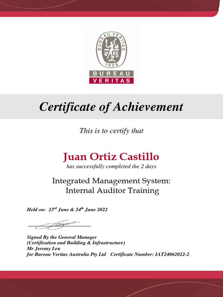 Juan Training Certificate - Internal Auditing | PDF