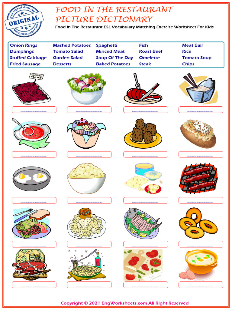 Food in The Restaurant Esl Vocabulary Matching Exercise Worksheet For ...