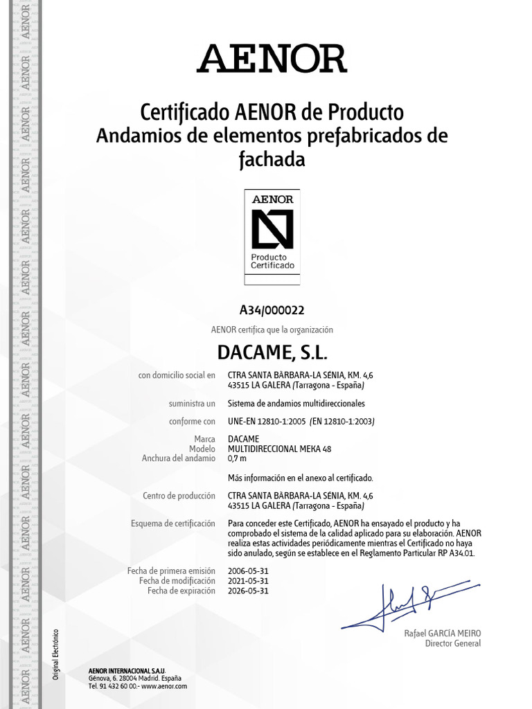 Certificacion de Andamios Aenor Meka-48 Vto.2026 | PDF | España | Organización internacional ...