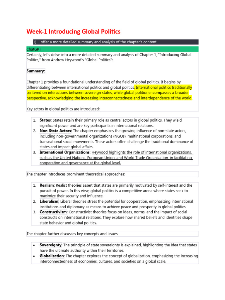 Introduction to Global Politics Concepts | PDF | International ...