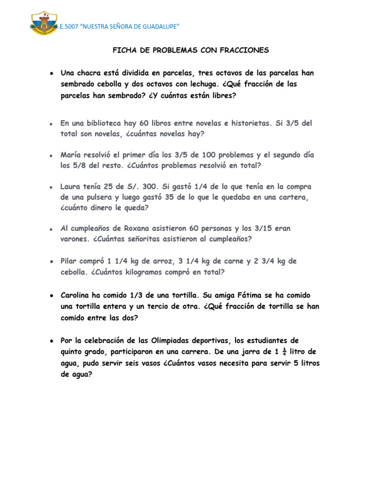 Ficha de Problemas Con Fracciones 5to | PDF