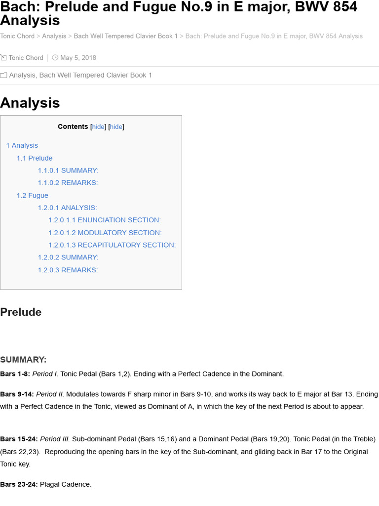 Bach: Prelude and Fugue No.9 in E Major, BWV 854 Analysis | PDF | The ...