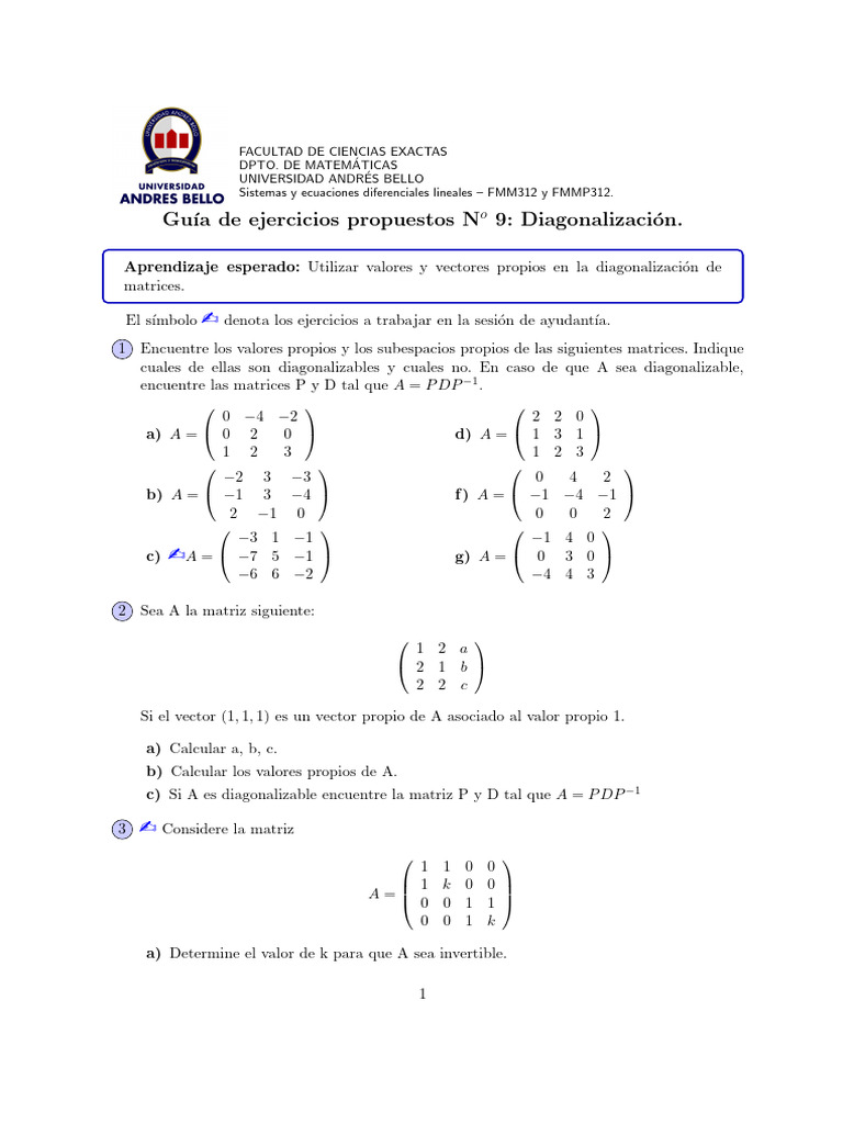 FMM (P) 312 s9 Ejercicios | PDF | Valores propios y vectores propios | Matriz (Matemáticas)