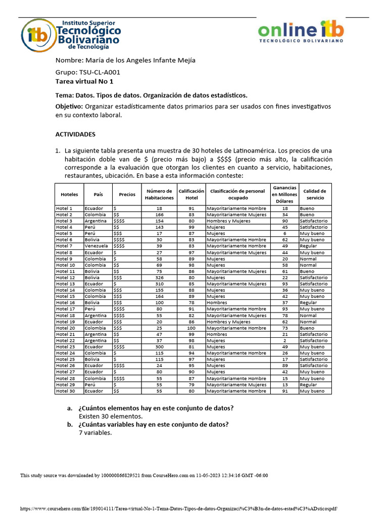 Tarea Virtual No 1 Tema Datos Tipos de Datos Organizaci N de Datos Estad Sticos PDF | PDF ...