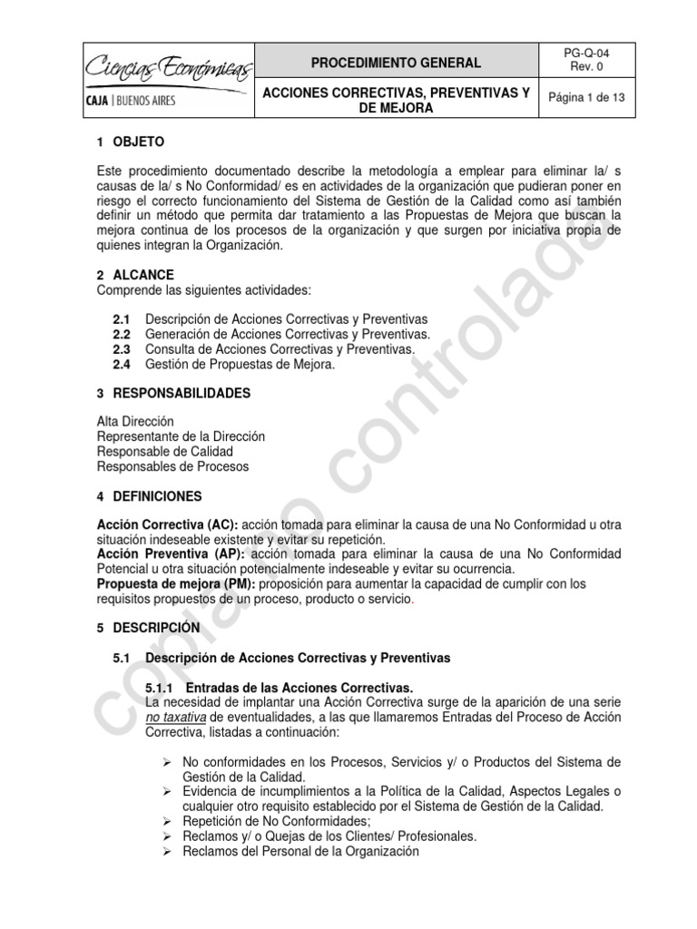 PG-Q-04 - Acciones Correctivas Y Preventivas Rev.00 | Descargar gratis PDF | Gestión de la ...