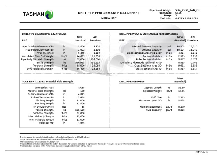 G105 3.5" Drill Pipe Specifications | PDF | Strength Of Materials ...