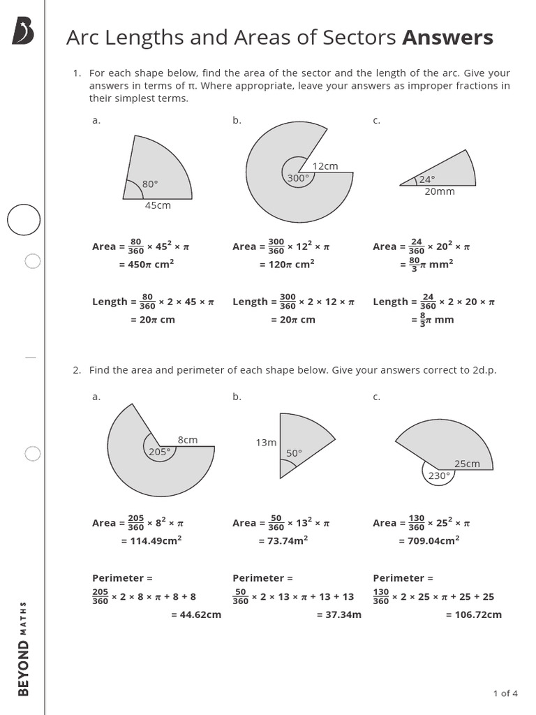 Arc Lengths and Areas of Sectors (Answers) | PDF | Area | Physical ...