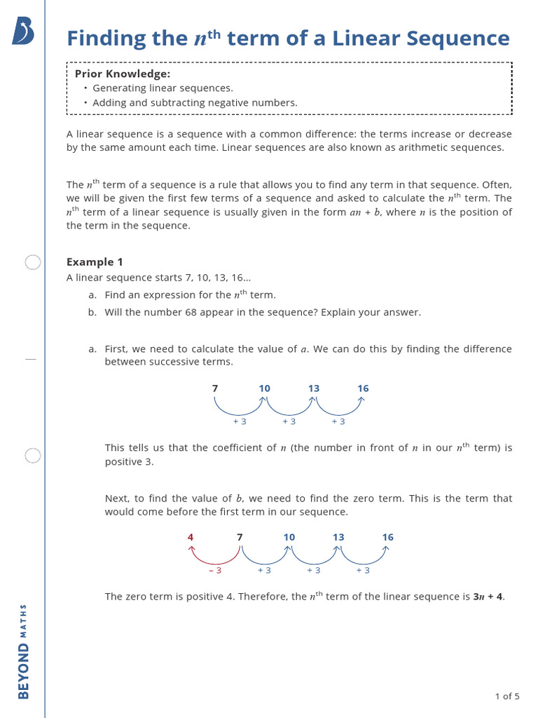 Finding The NTH Term of A Linear Sequence (Print) | PDF | Sequence | Numbers