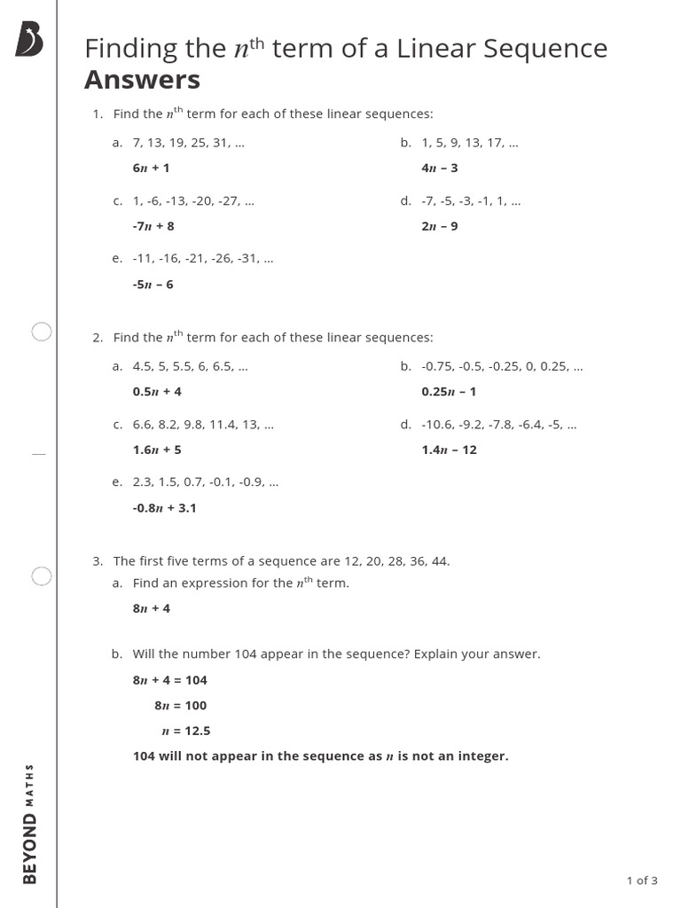 Finding The NTH Term of A Linear Sequence - Answers | PDF | Mathematics | Mathematical Analysis