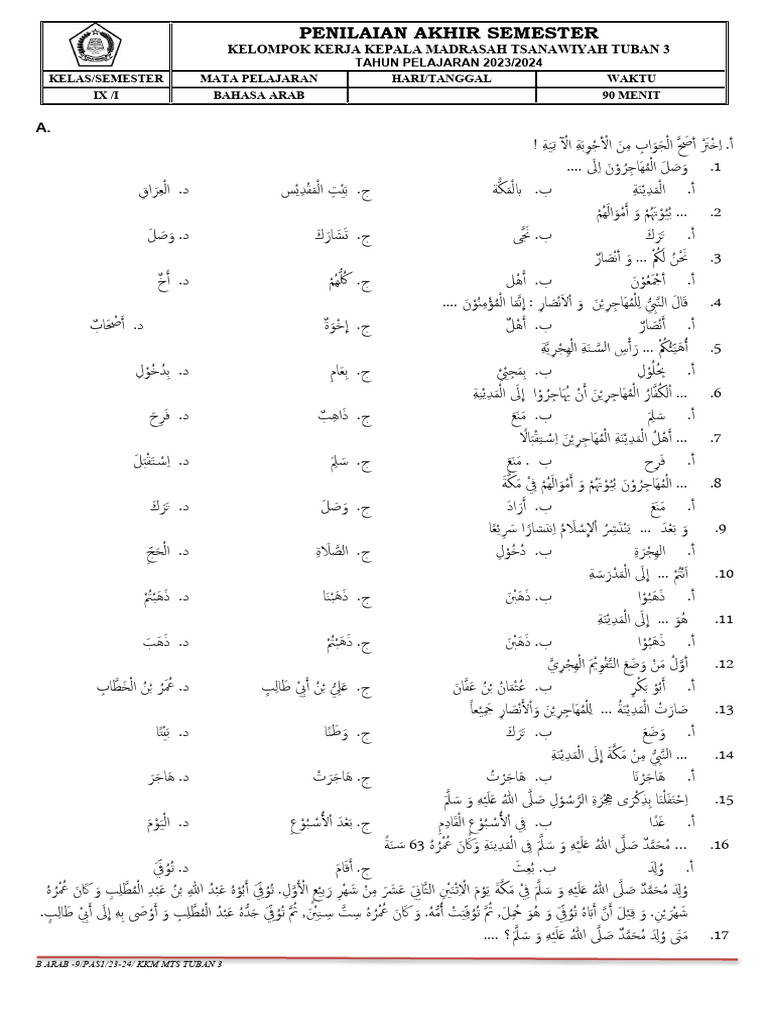 Soal Pas Bahasa Arab Kelas 9 | PDF