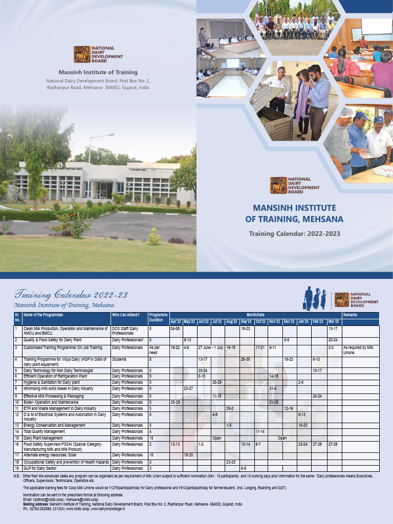 MIT Training Calendar 2022 23 Low | PDF | Dairy | Milk