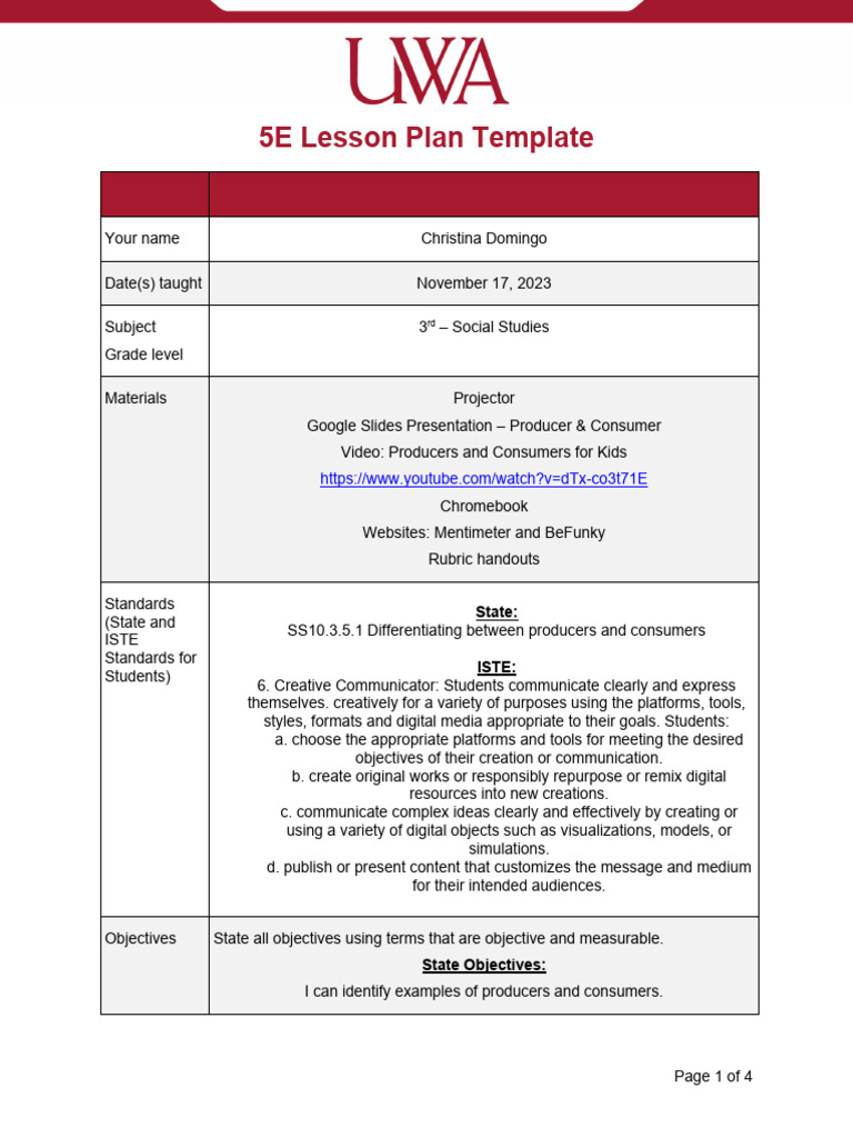 Christinadomingo 5e Lesson Plan | PDF | Advertising | Poster