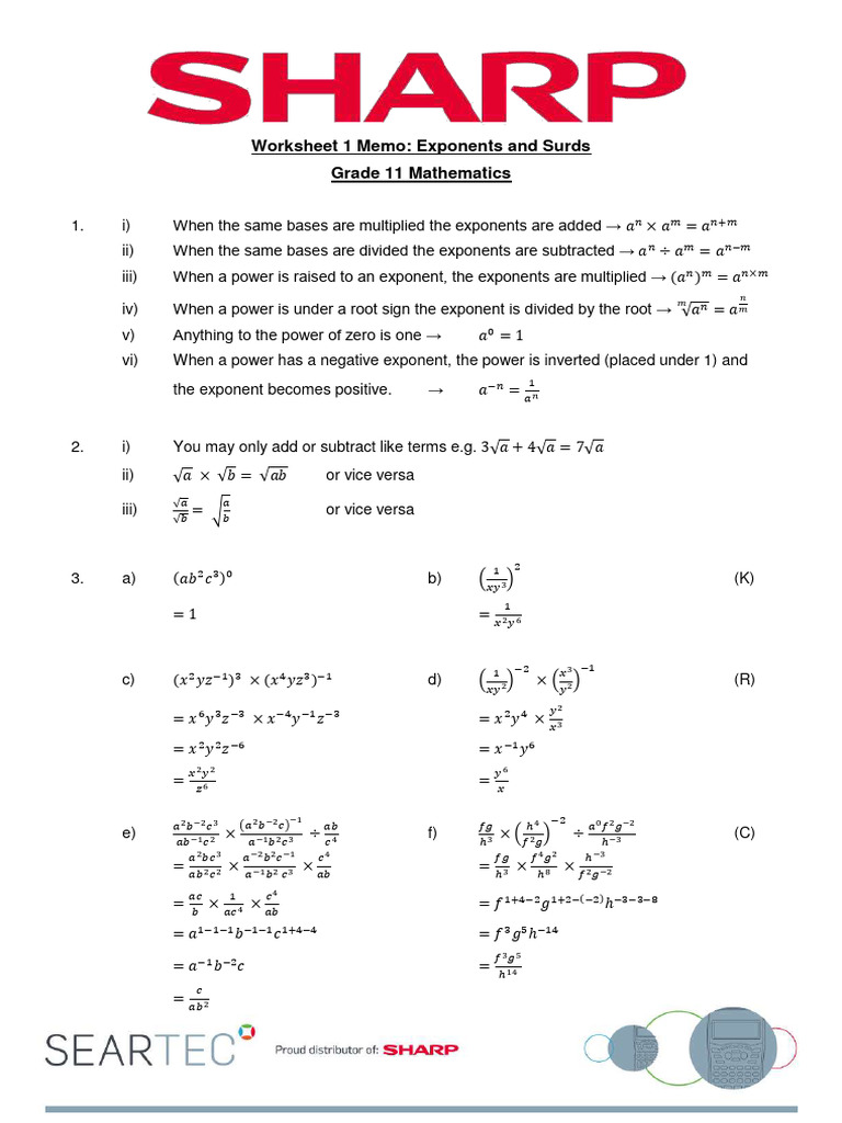 Worksheet 1 Memorandum Exponents and Surds Grade 11 Mathematics | Download Free PDF ...