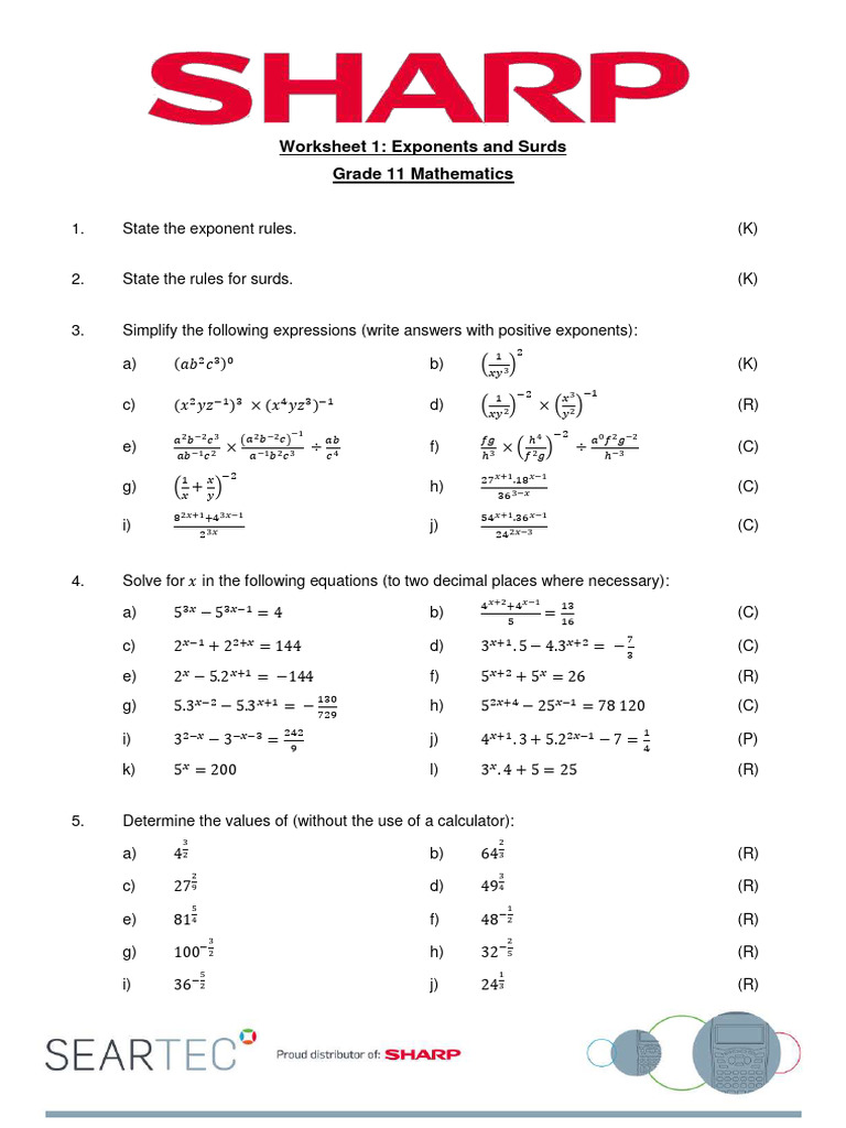 Worksheet 1 Exponents Grade 11 Mathematics | PDF | Arithmetic | Numbers