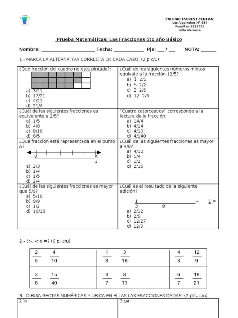 Prueba de Fracciones 5to Básico | PDF