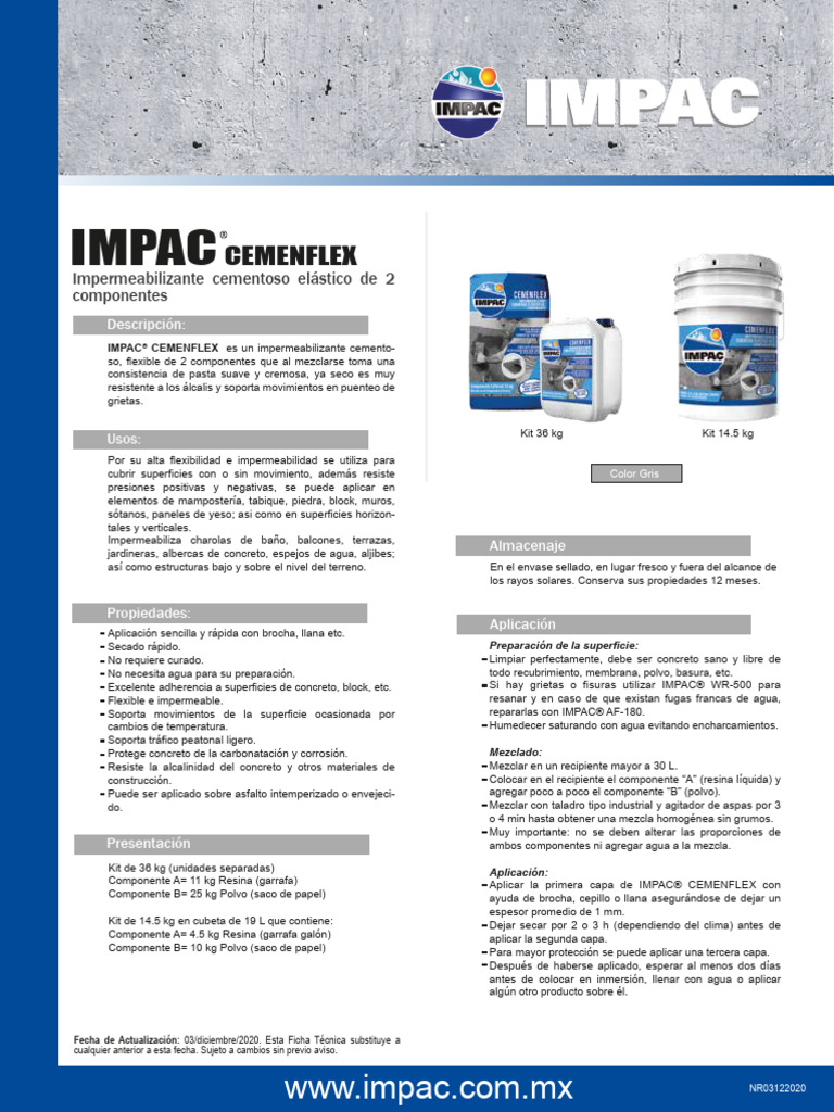 Impac Cemenflex | PDF | Hormigón | Agua