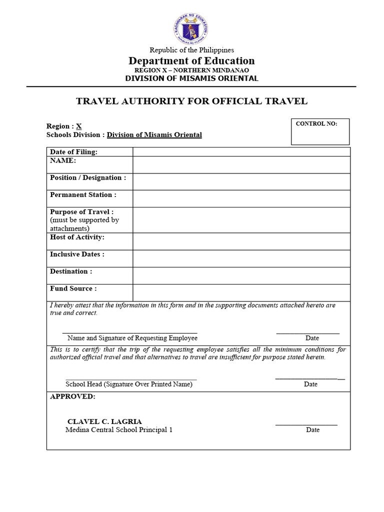 Department of Education: Travel Authority For Official Travel | PDF
