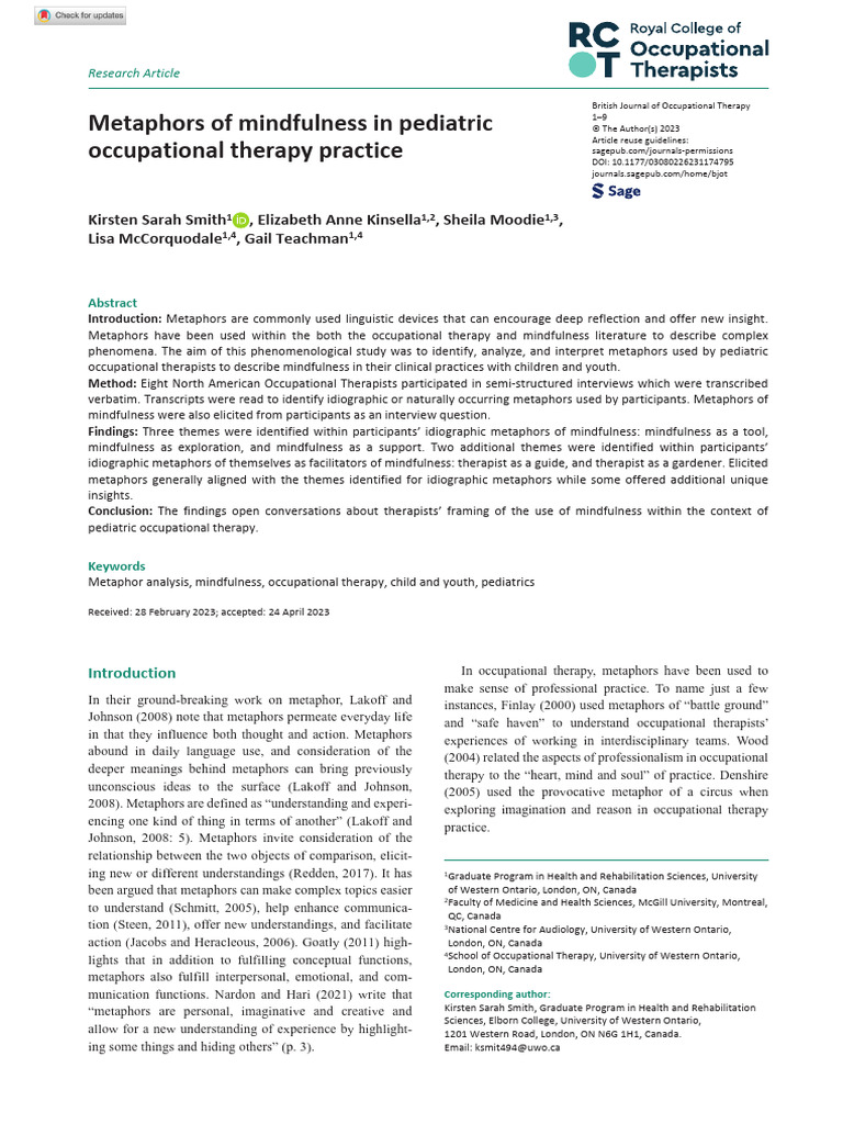 Smith Et Al 2023 Metaphors of Mindfulness in Pediatric Occupational ...