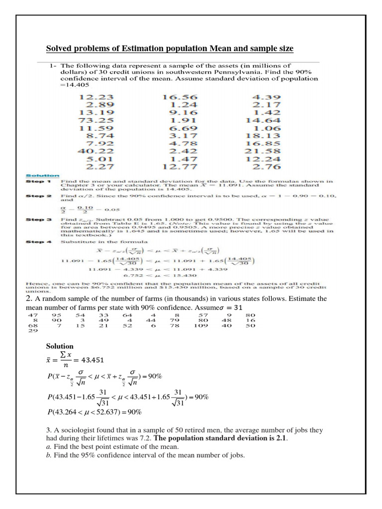 Solved problems of Estimation population Mean and sample size | PDF ...