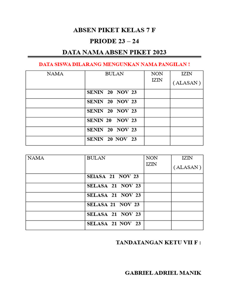 Absen Piket Kelas 7 F | PDF