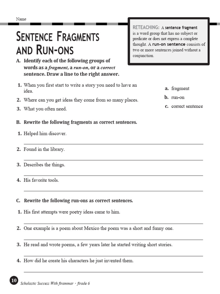 Sentence Fragments and Run-Ons Worksheet | PDF | Sentence (Linguistics ...