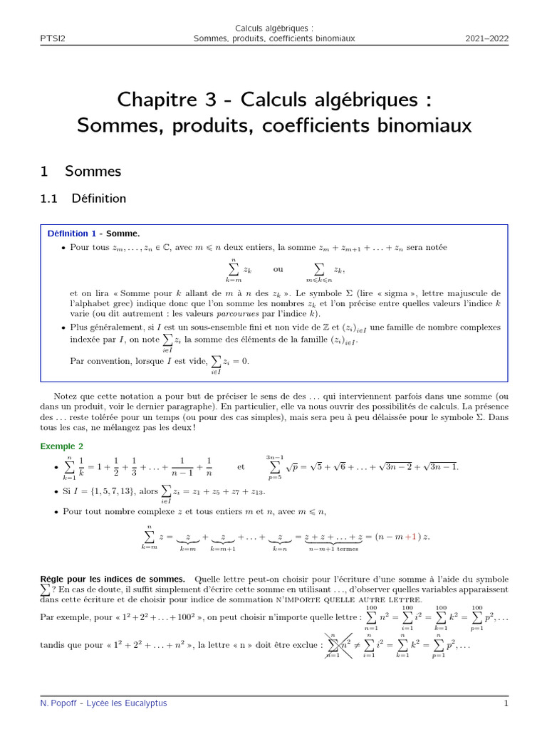 Calculs algébriques : Sommes et produits | PDF | Somme (arithmétique ...