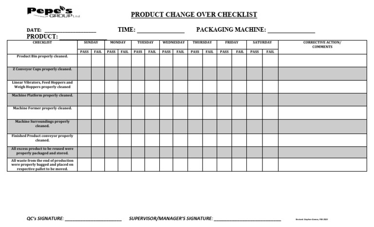Product Change Over Checklist | PDF