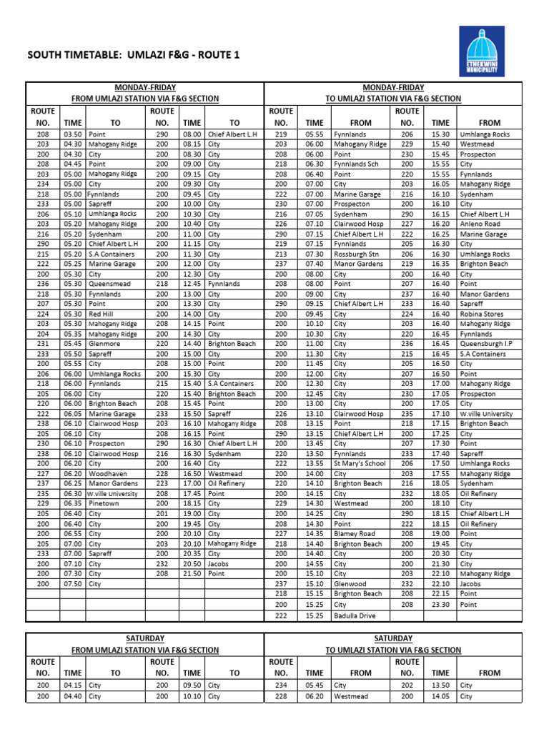 Umlazi F&G Route 1 Timetable | PDF