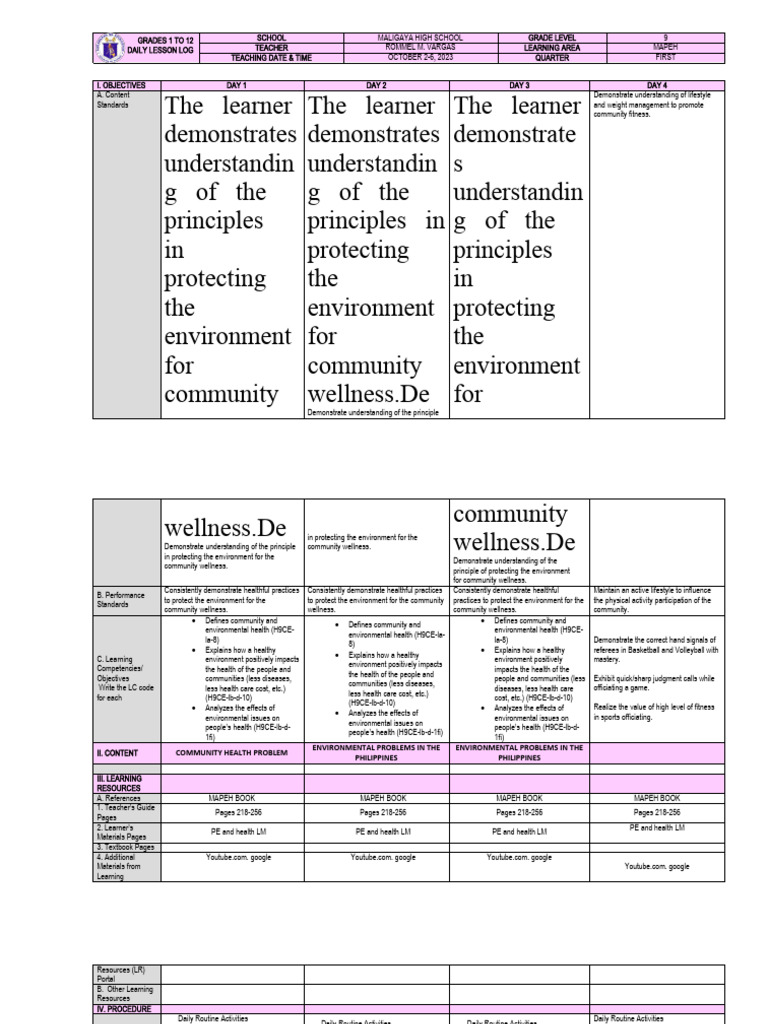 DLL Mapeh9 2023 2024 Q1 WK2 Health | PDF | Learning | Cognition