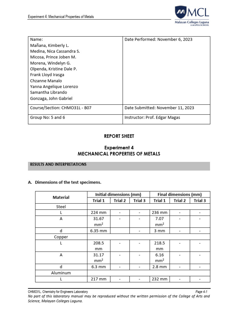 Experiment 4 Data Sheet 2 Group 5 and 6 | PDF | Deformation ...