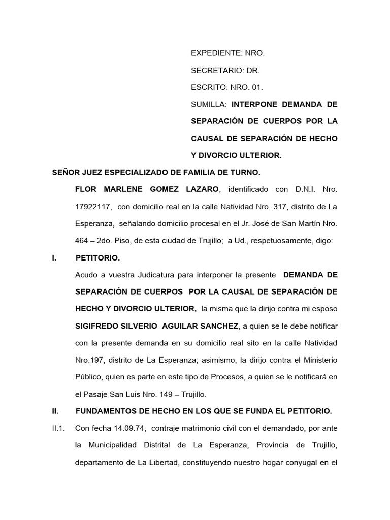 MODELOS DEMANDA DE DIVORCIO POR ABANDONO, CONDUCTA DESONHORRASA, ALIMENTOS, TENENCIA, REGIMEN DE ...