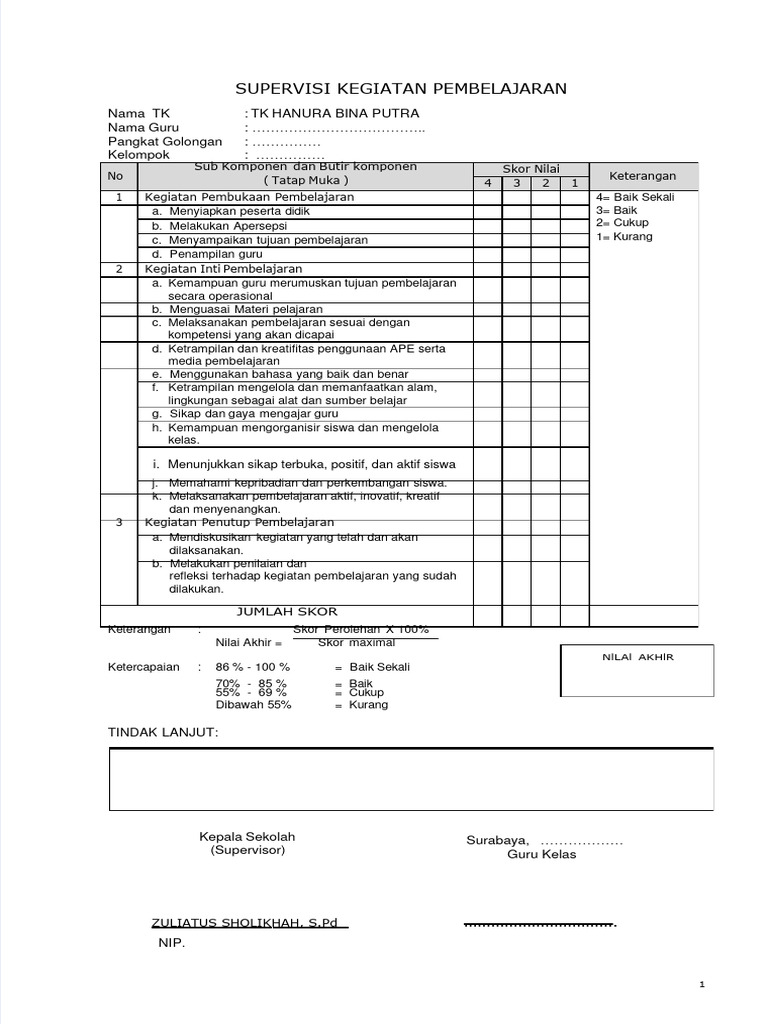 PDF Supervisi Kegiatan Pembelajaran Paud TK | PDF