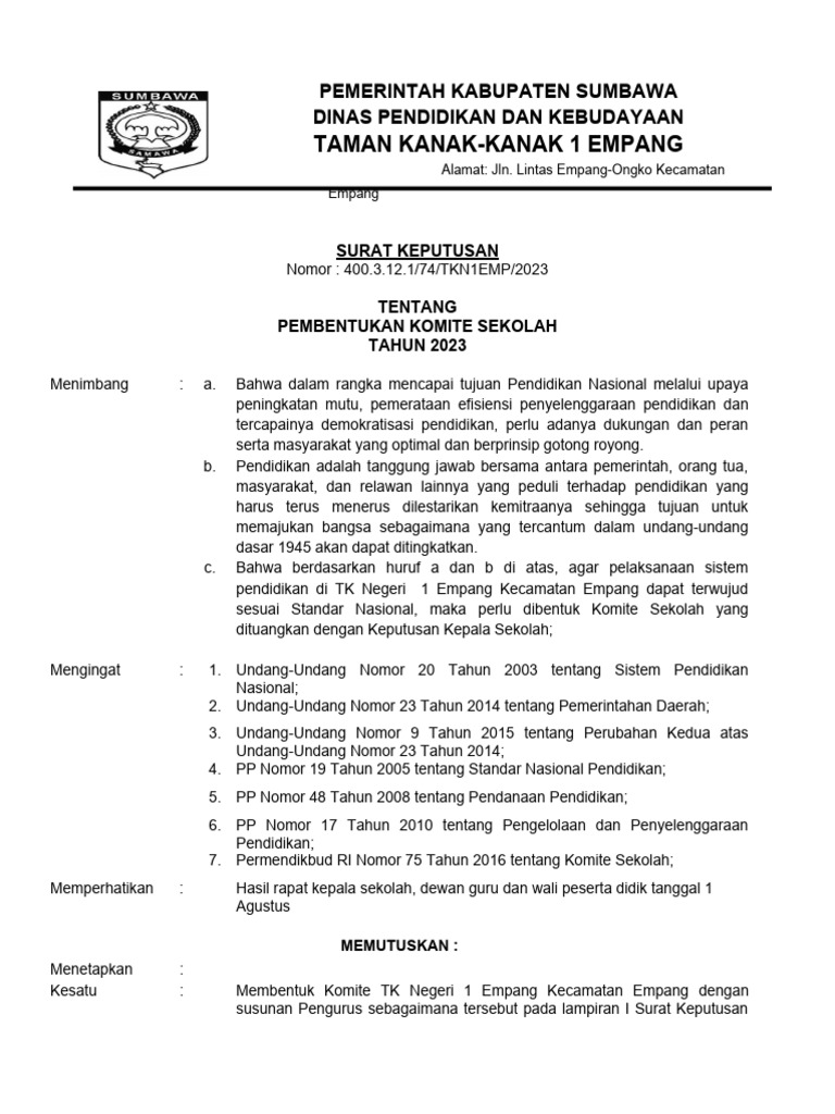 Panduanmengajar Com Contoh Sk Komite Sekolah 2023 Pdf
