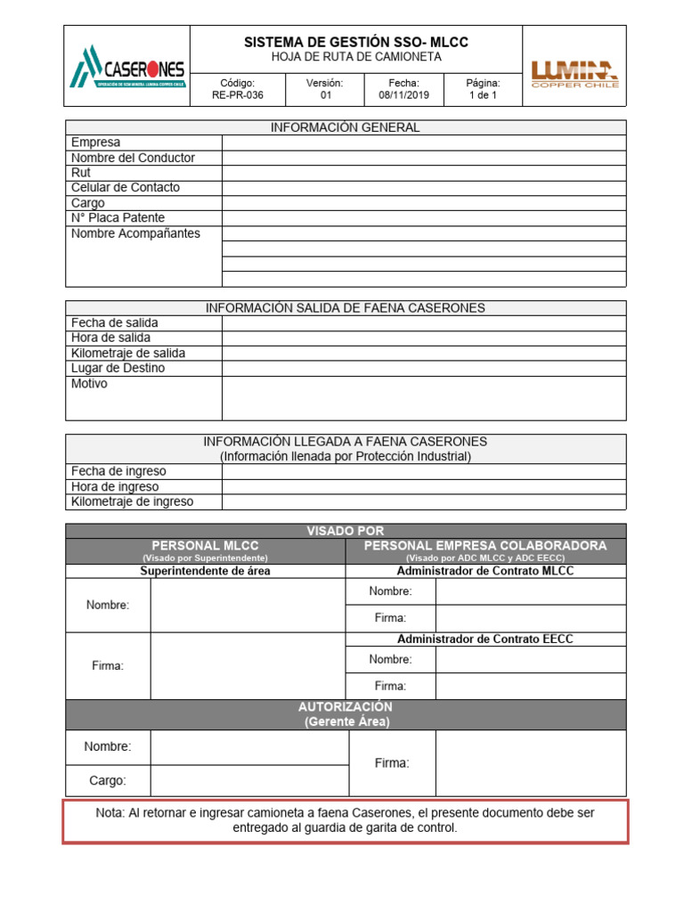 RE-PR-036 Hoja de Ruta Camioneta (08!11!2019) | PDF | Tecnología
