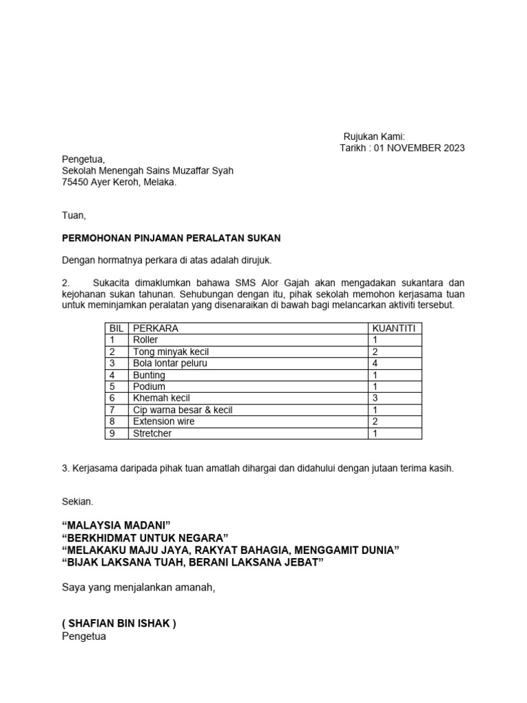 Surat Pinjam Peralatan Sukan | PDF