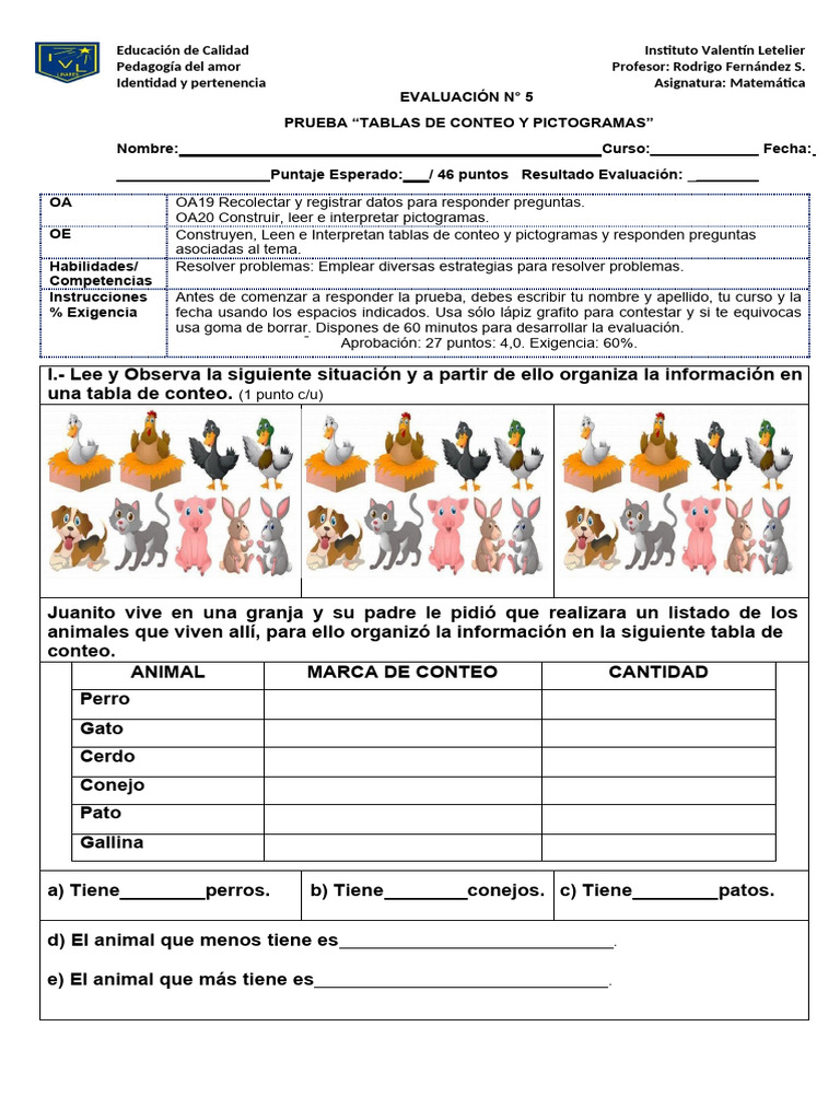 Prueba Matematica Tablas de Conteo y Pictogramas | PDF