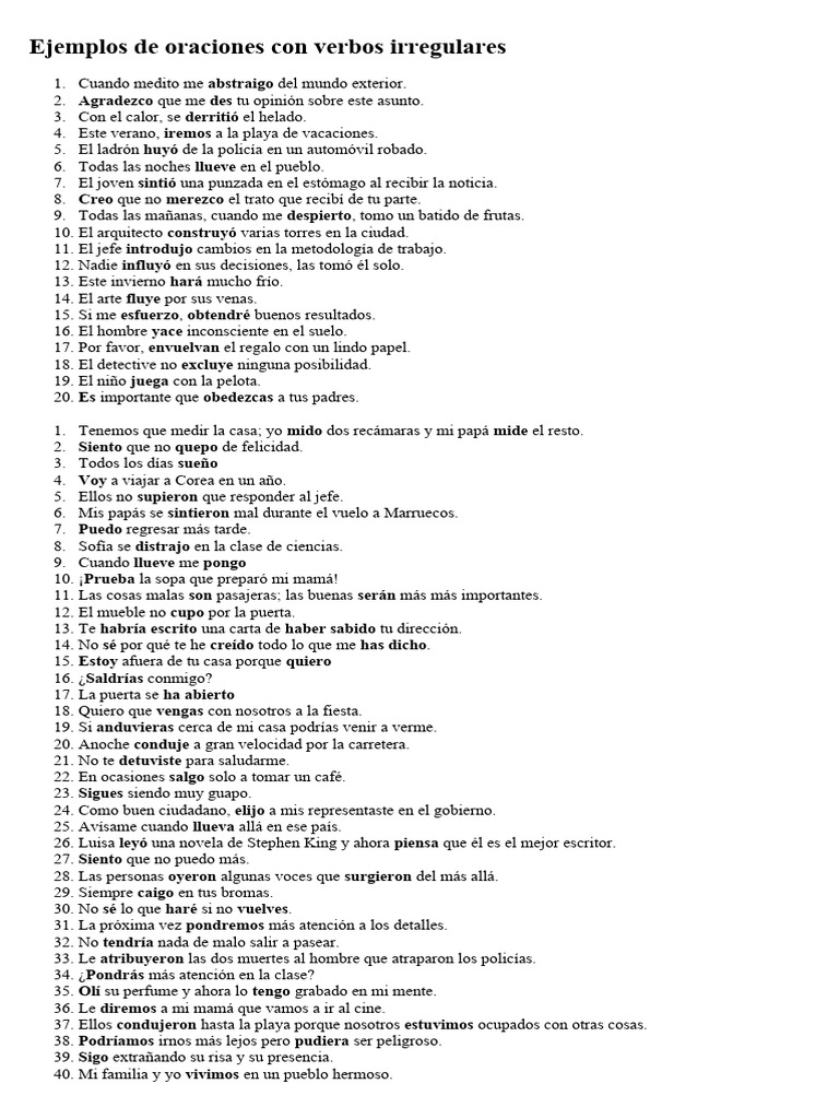 Ejemplos De Oraciones Con Verbos Irregulares Pdf