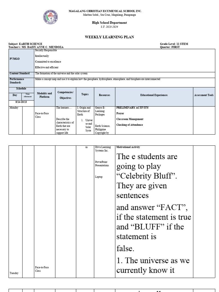 WLP-Week-1- Earth Science- 1st Quarter | PDF | Planets | Life