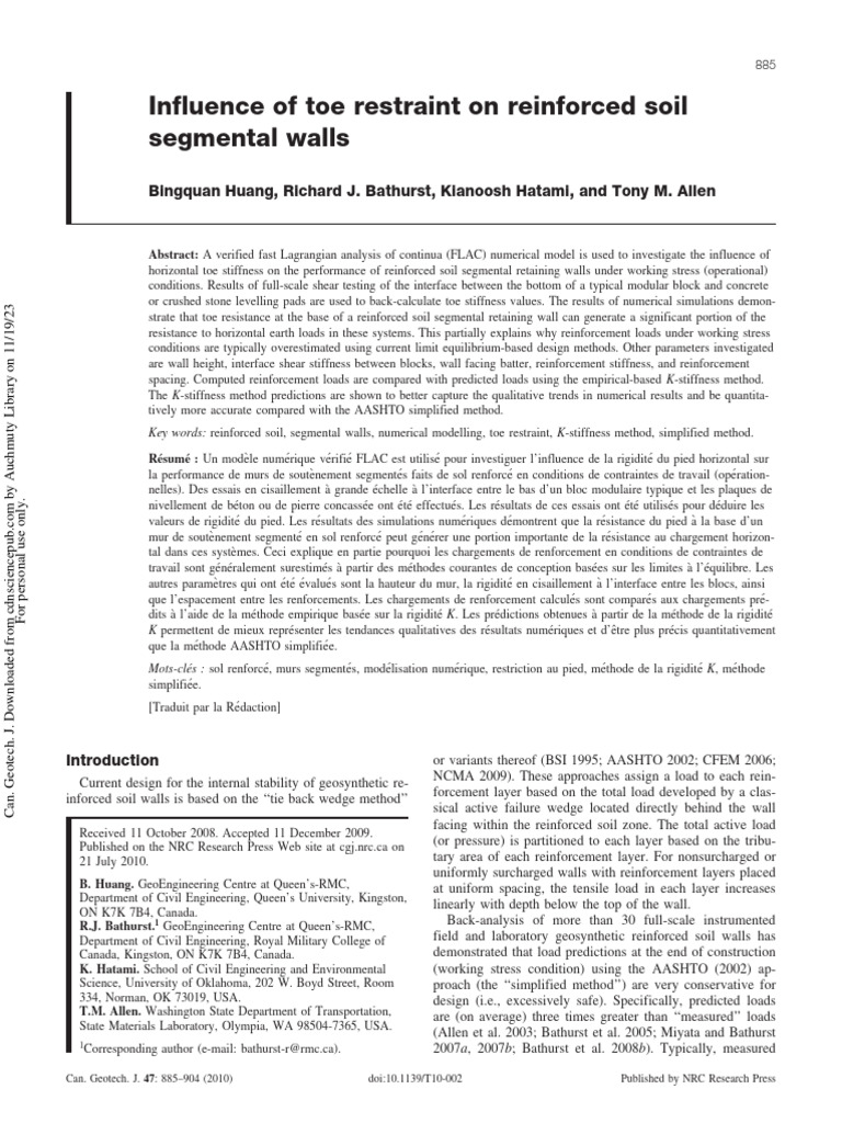 Huang Et Al 2010 Influence of Toe Restraint On Reinforced Soil ...